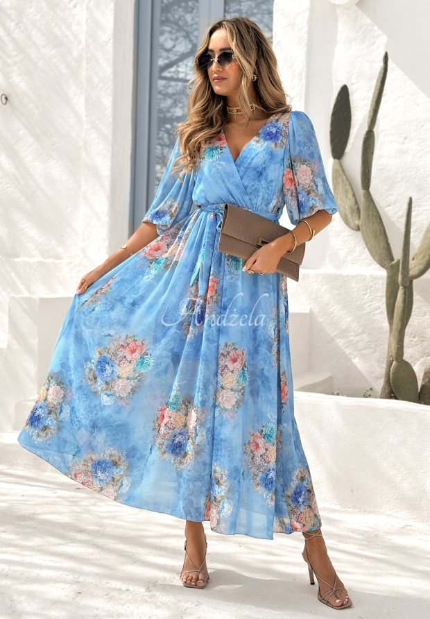 Květované maxi šaty Flower Time modrá - Internetový obchod Andzela